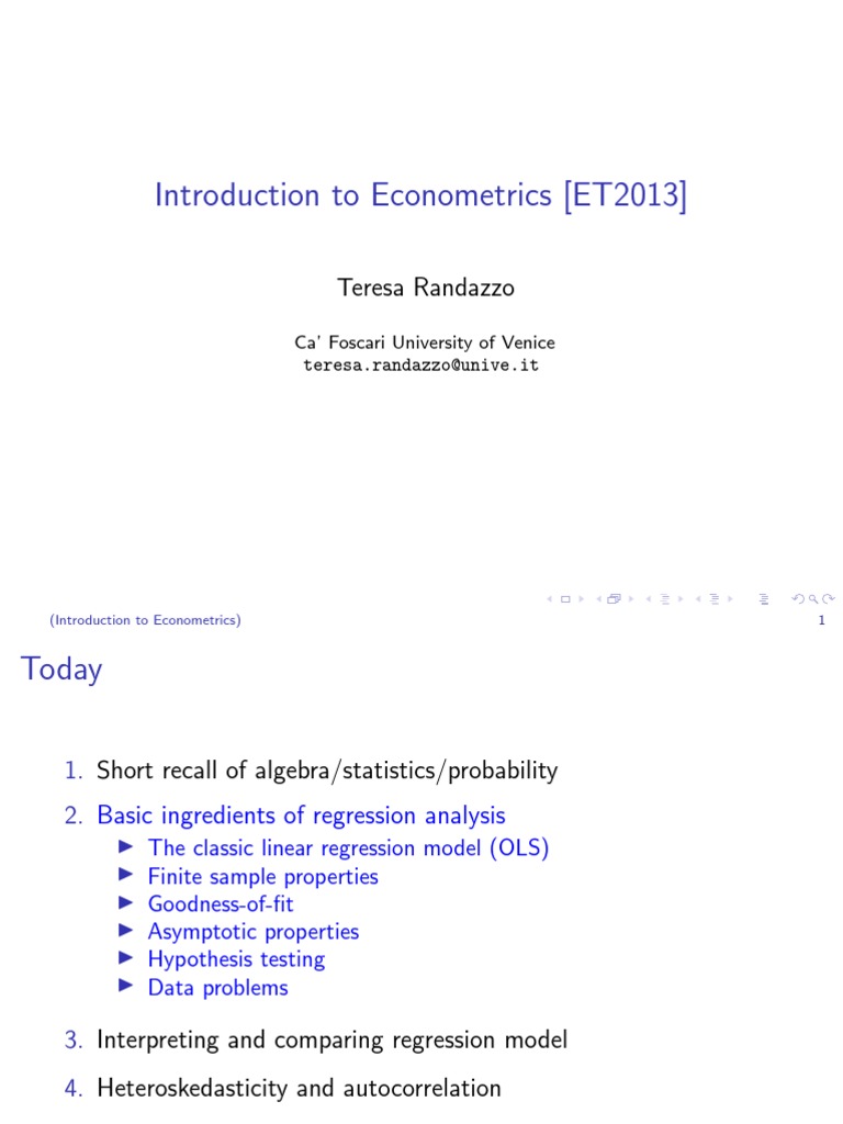 Introduction To Econometrics (ET2013) : Teresa Randazzo | PDF | Ordinary Least Squares | Linear ...