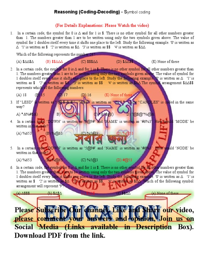 Reasoning Coding Decoding Part 4 - Symbol Coding - Adarsha Education ...
