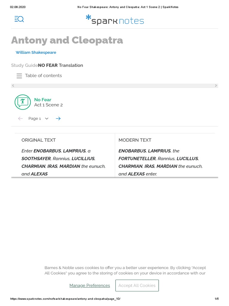 No Fear Shakespeare - Antony and Cleopatra - Act 1 Scene 2 - SparkNotes ...