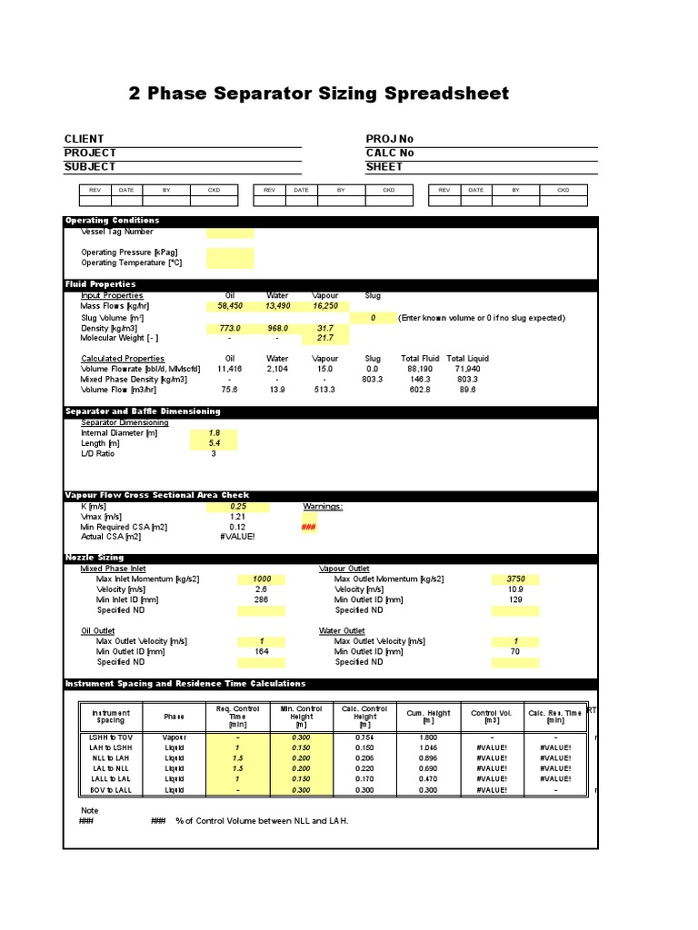 2 Phase Separator Sizing Spreadsheet: Client Proj No Project Calc No Subject Sheet | PDF ...