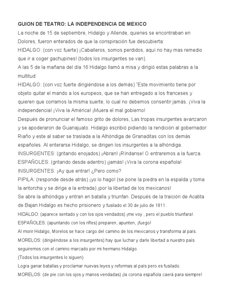 La Independencia De México Guion Teatral Pdf México Agitación