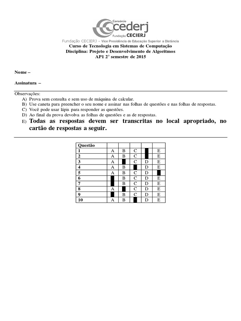 AP1 2015 2 Gabarito PDA | PDF | Algoritmos | Ensino de Matemática