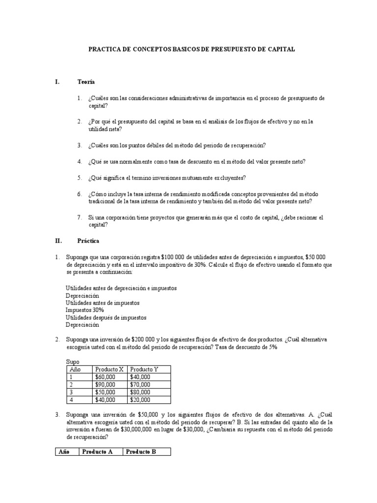 Practica de Conceptos Basicos de Presupuesto de Capital | PDF | Valor presente neto | Tasa ...