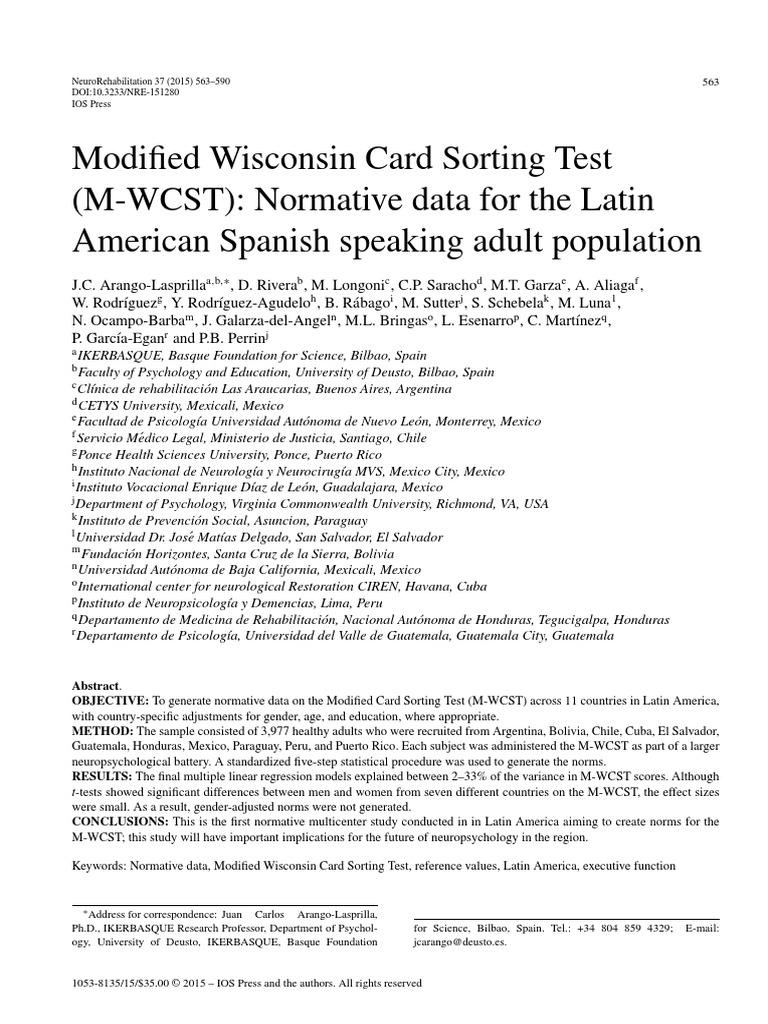 Modified Wisconsin Card Sorting Test (M-WCST) : Normative Data For The ...