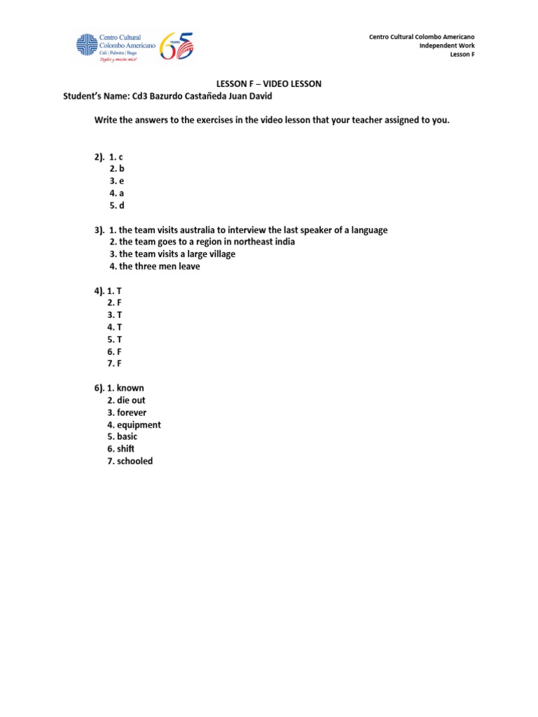 Lesson F - Answers | PDF