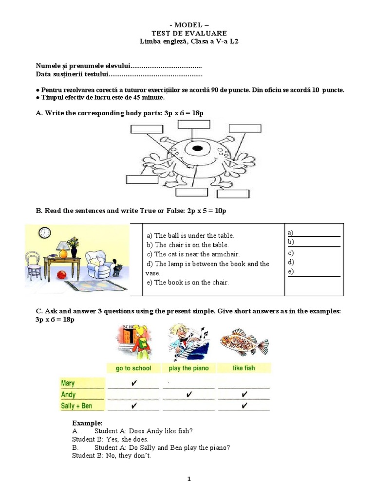 TEST DE EVALUARE Clasa A V-A L2 | PDF | Cognition | Cognitive Science
