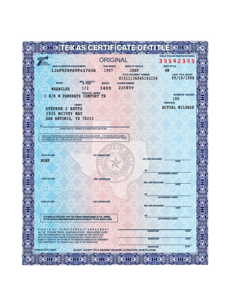 Texas Certificate of Title: Original | PDF | Property Law | Property
