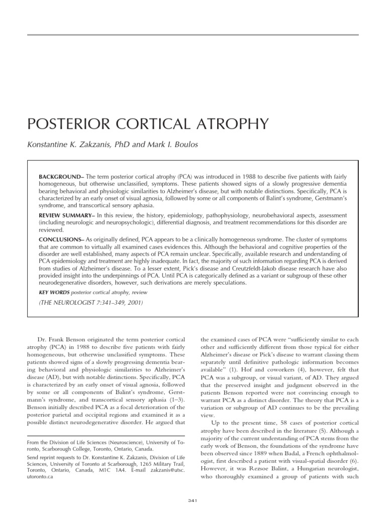 Posterior Cortical Atrophy: Konstantine K. Zakzanis, PHD and Mark I. Boulos | PDF | Wechsler ...