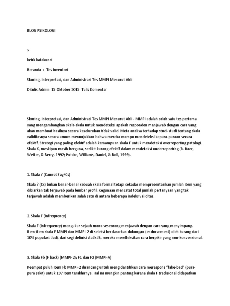 Skoring, Interpretasi, Dan Administrasi Tes MMPI | PDF