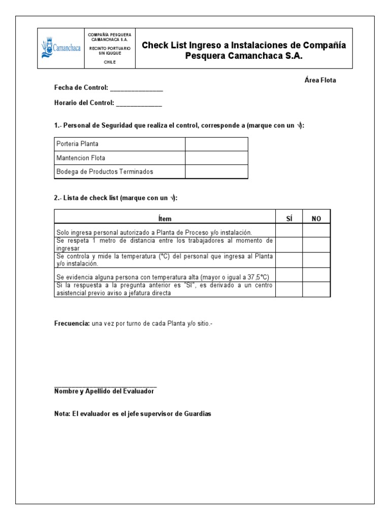 Check List Ingreso A Instalaciones | PDF
