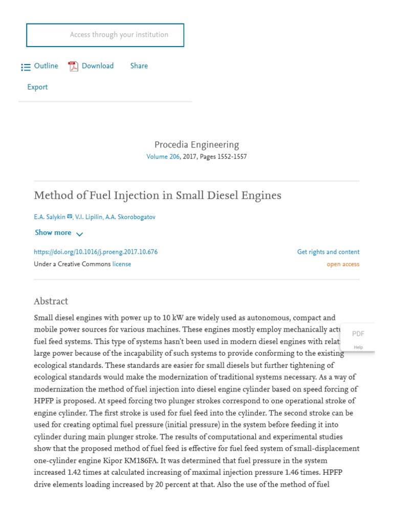 Method of Fuel Injection in Small Diesel Engines: Procedia Engineering ...
