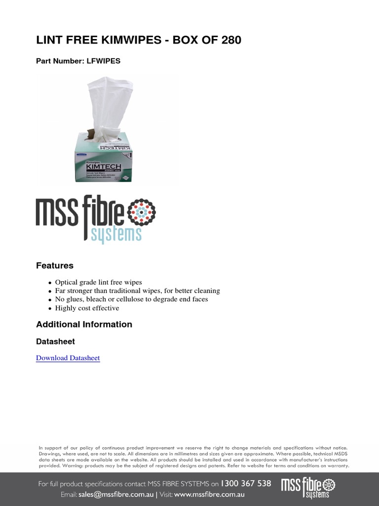 Lint Free Kimwipes - Box of 280: Part Number: LFWIPES | PDF