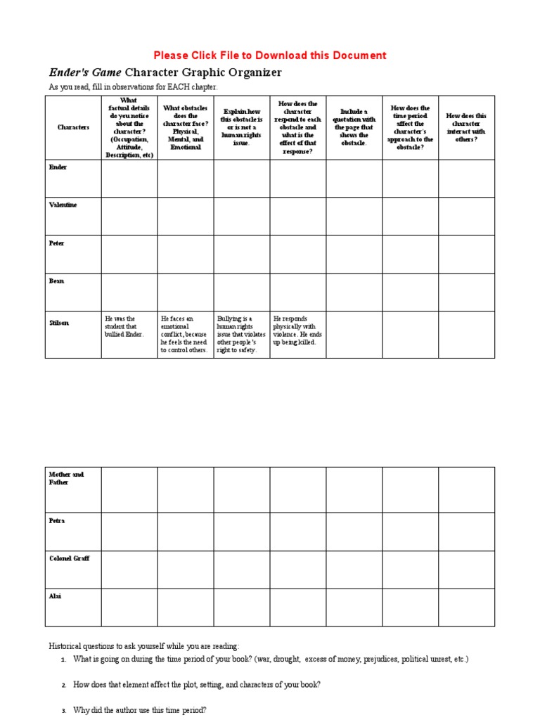 Ender's Game Character Graphic Organizer: Please Click File To Download ...