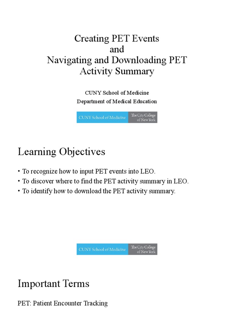 Creating PET Events and Navigating and Downloading PET Activity Summary ...