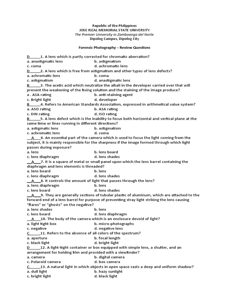 FORENSIC PHOTOGRAPHY - Review Questions | PDF | Camera | Shutter ...