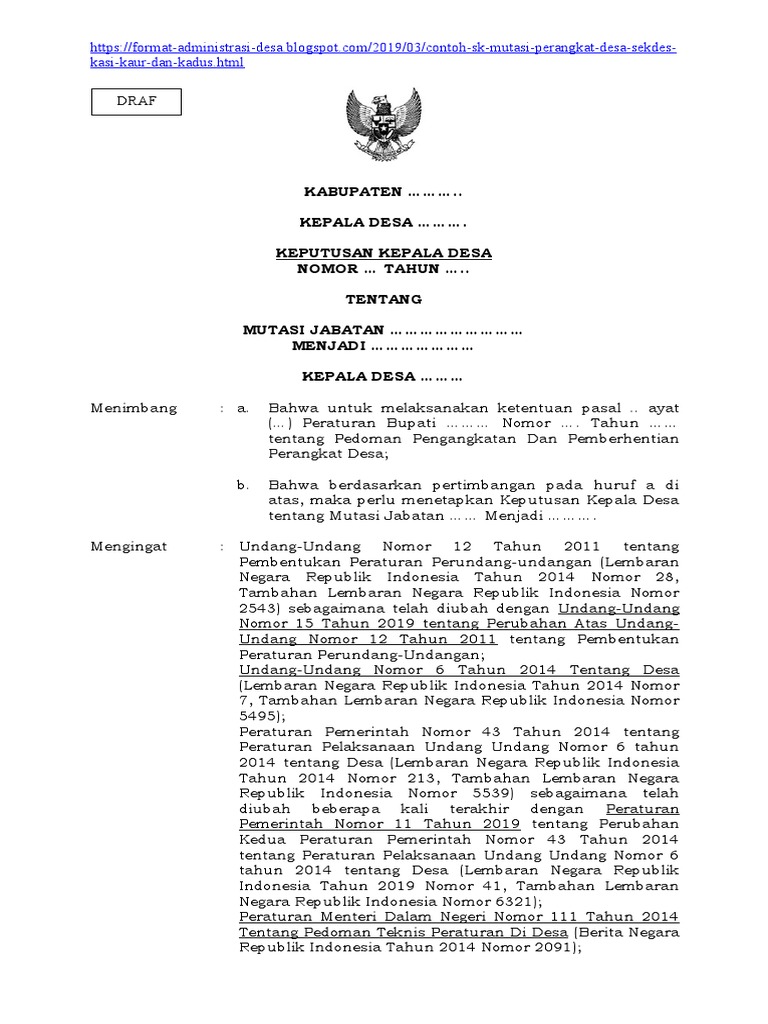 Contoh SK Mutasi Perangkat Desa | PDF