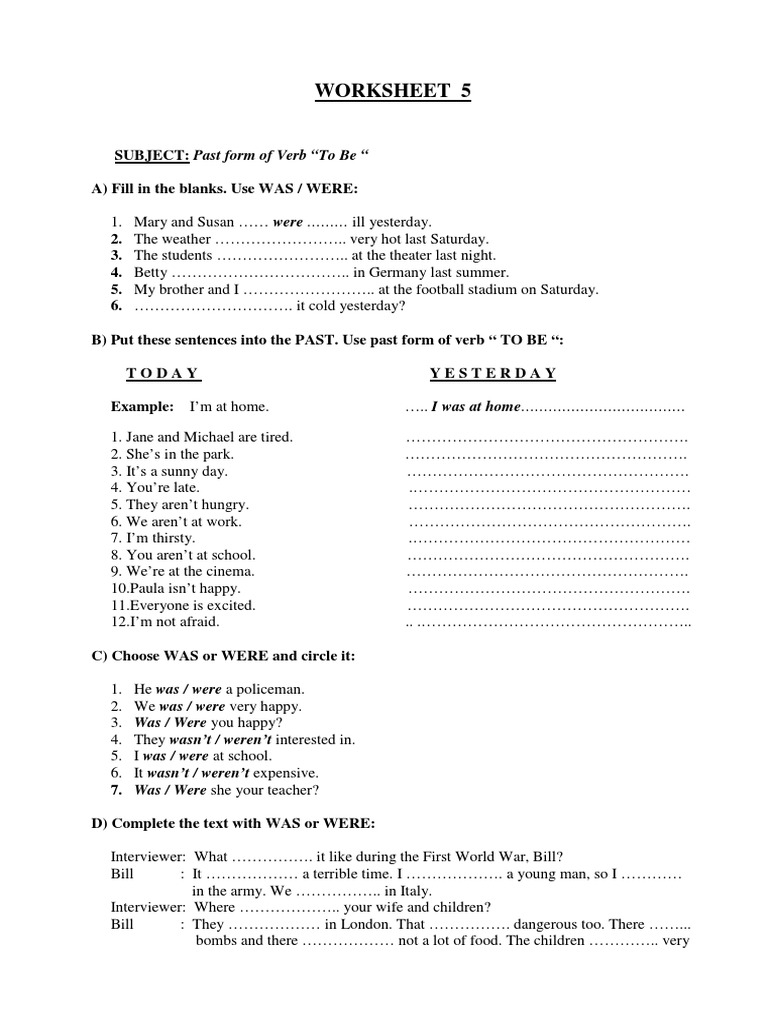 Worksheet 5: SUBJECT: Past Form of Verb "To Be " | PDF