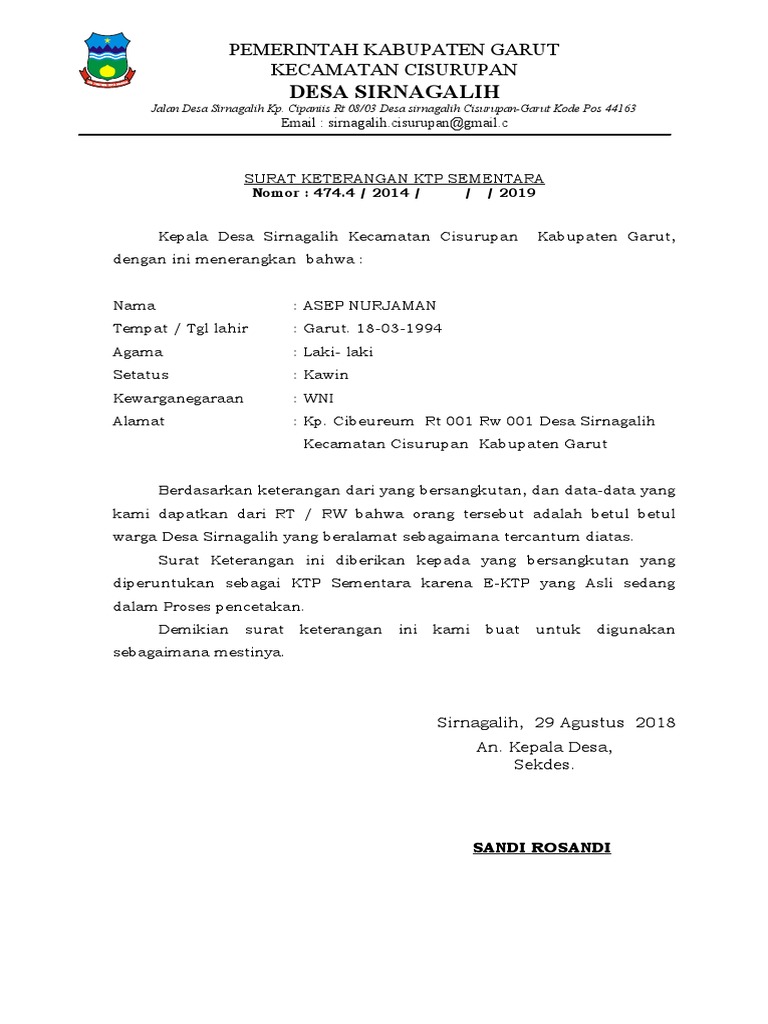Surat Keterangan KTP Sementara Garut | PDF