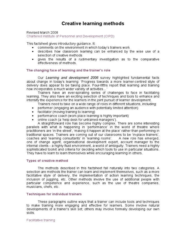 Unidad 4.3 - Creative Learning Methods CIPD 08 | PDF | Facilitator | Expert