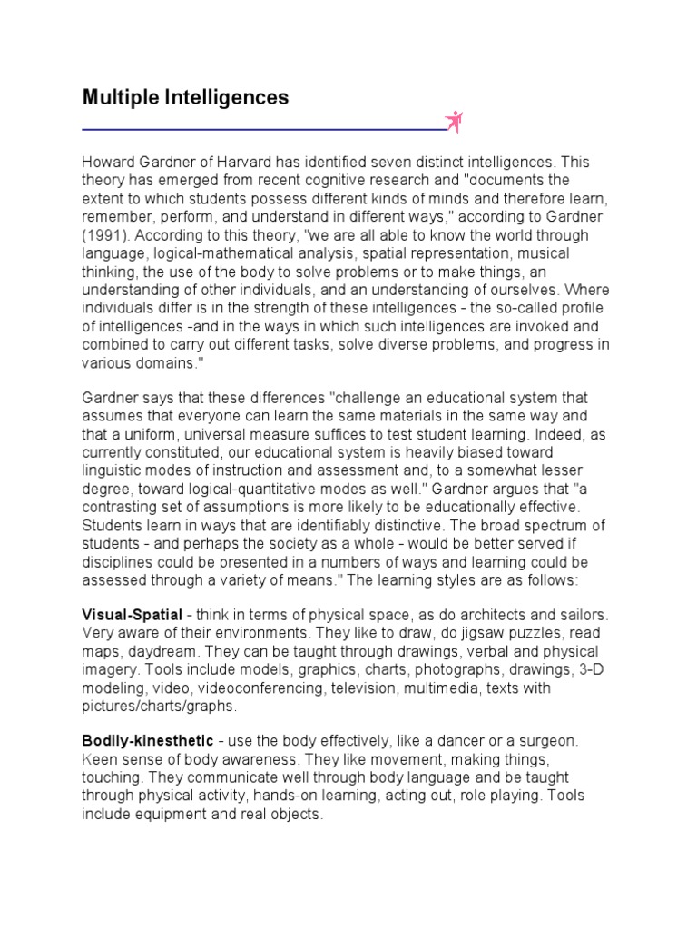 Multiple Intelligences: Visual-Spatial - Think in Terms of Physical ...