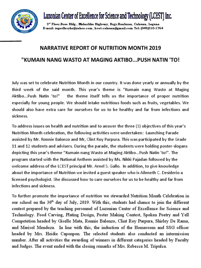 Nutrition Month 2019 Narrative Report | PDF | Wellness