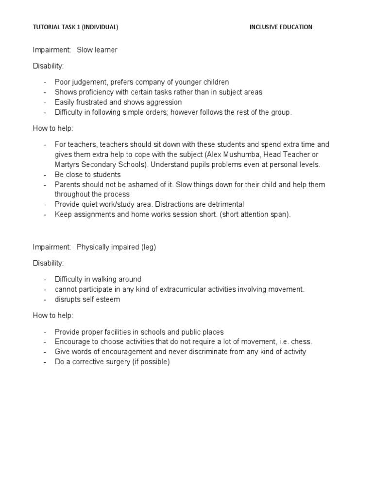 Inclusive Education Tuto Task 1 | PDF
