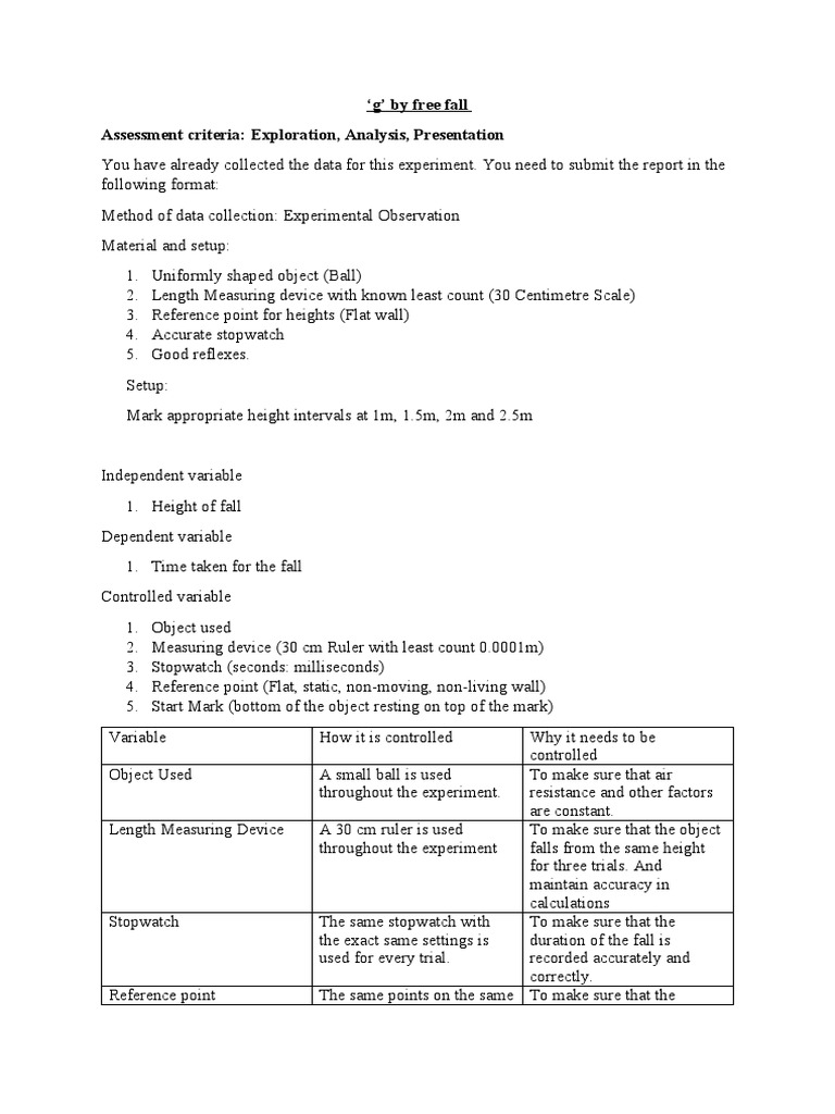 'G' by Free Fall Experiment Lab Report | PDF | Experiment | Measurement