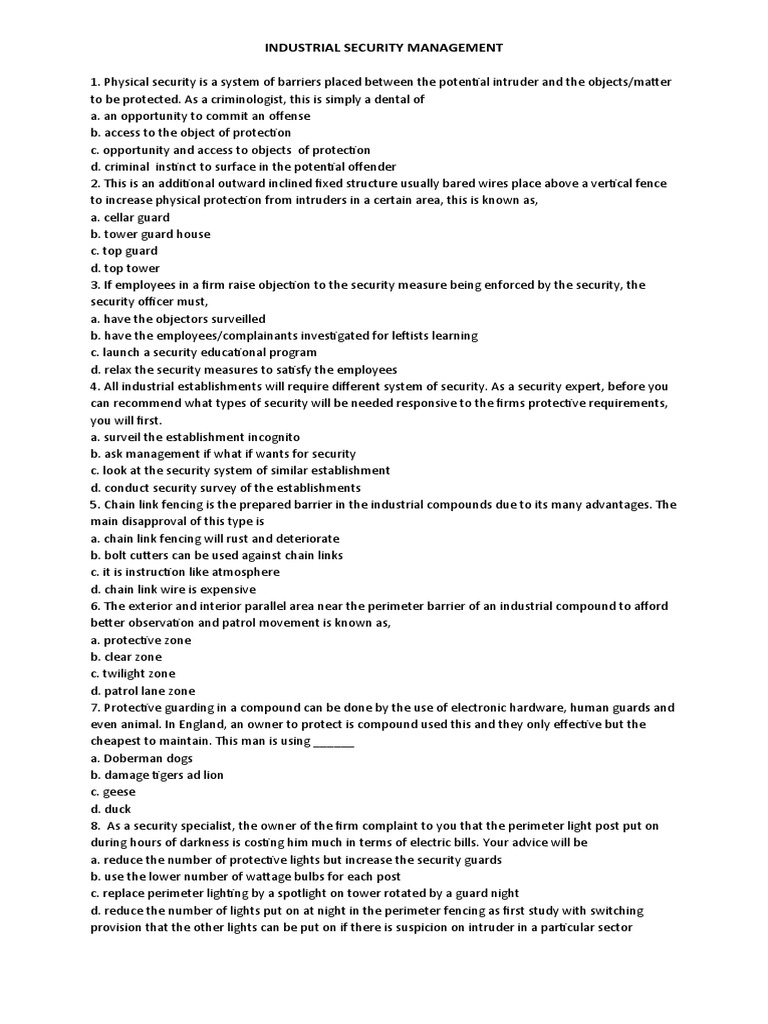 Industrial Security Management Review Questions | PDF | Security Guard ...
