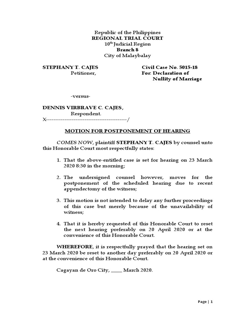 Motion For Postponement - Cajes | PDF | Justice | Crime & Violence