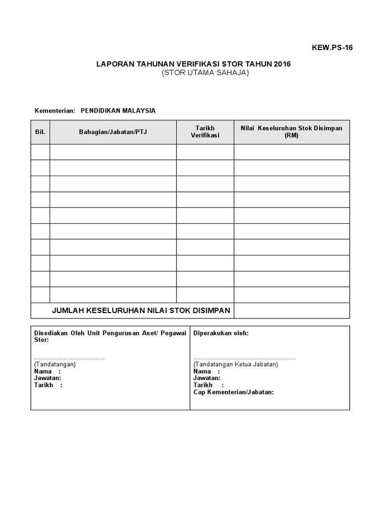 LAMPIRAN KEW - PS-16 (Lampiran Tahunan Verifikasi Stor) | PDF