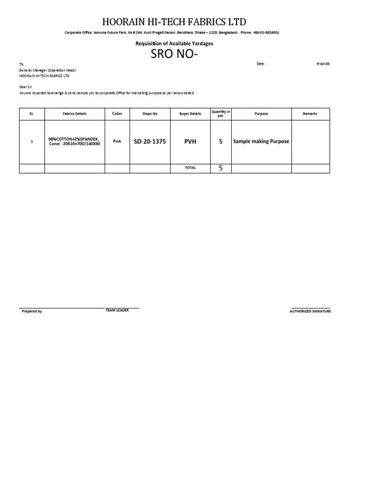 Sro No-: Hoorain Hi-Tech Fabrics LTD | PDF