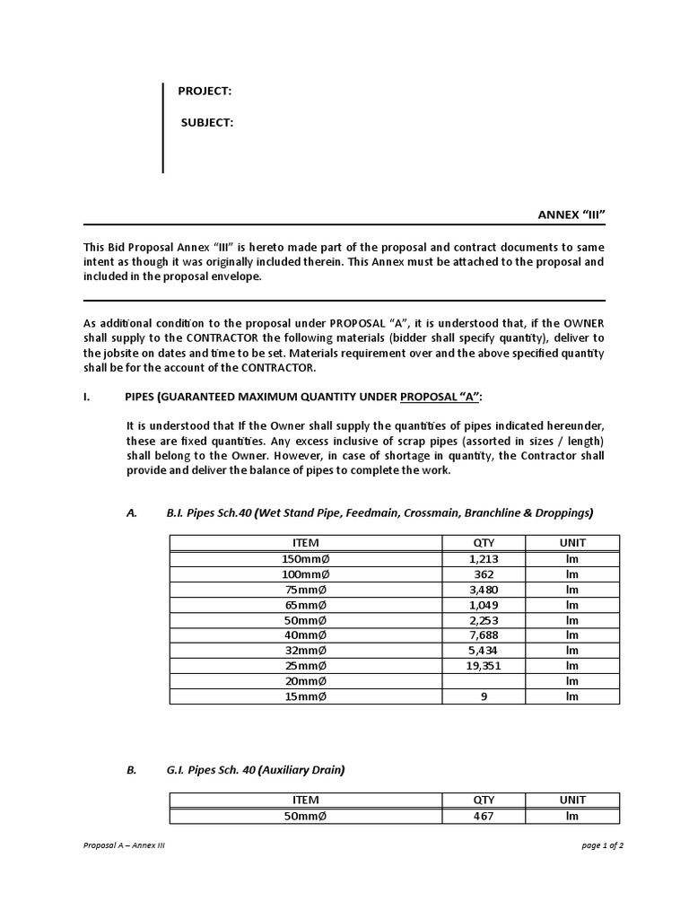 Project: Subject:: I. Pipes (Guaranteed Maximum Quantity Under Proposal ...