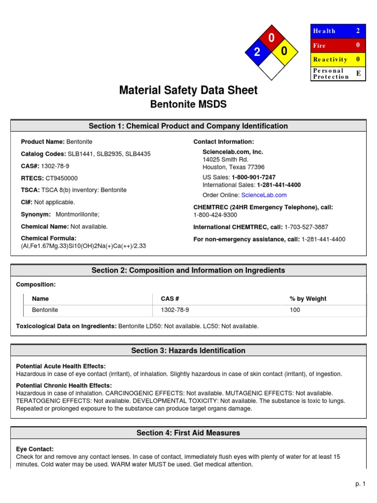 Material Safety Data Sheet for Bentonite | PDF | Toxicity | Personal Protective Equipment