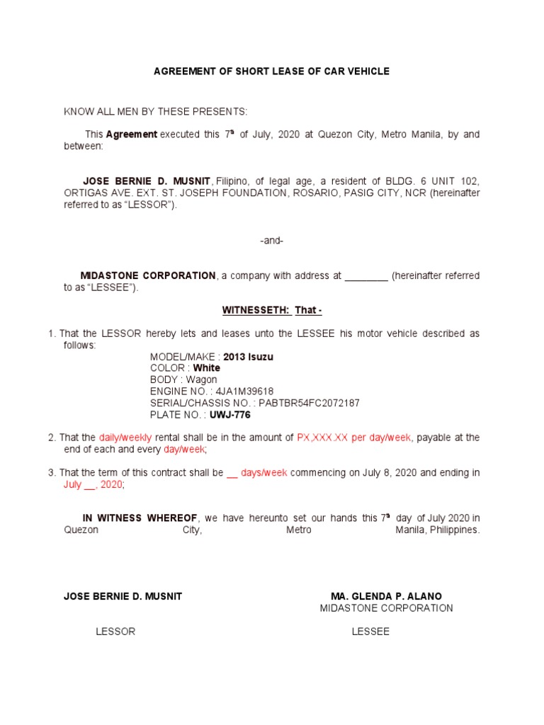 Agreement of Short Lease of Car Vehicle | PDF | Social Science