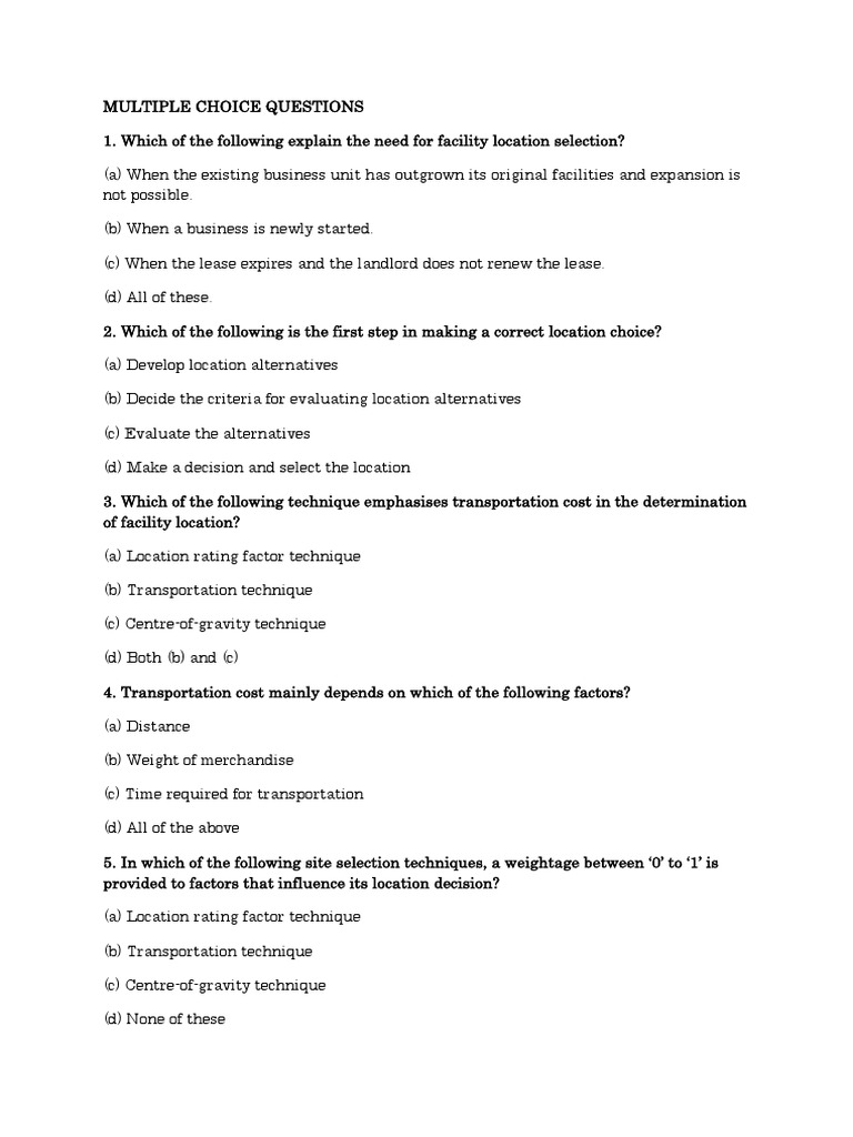 Sample MCQ - Facility Location and Layout PDF | PDF | Business