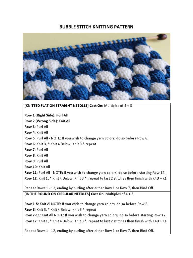 Bubble Stitch Knitting Pattern | PDF | Knitting | Handicrafts