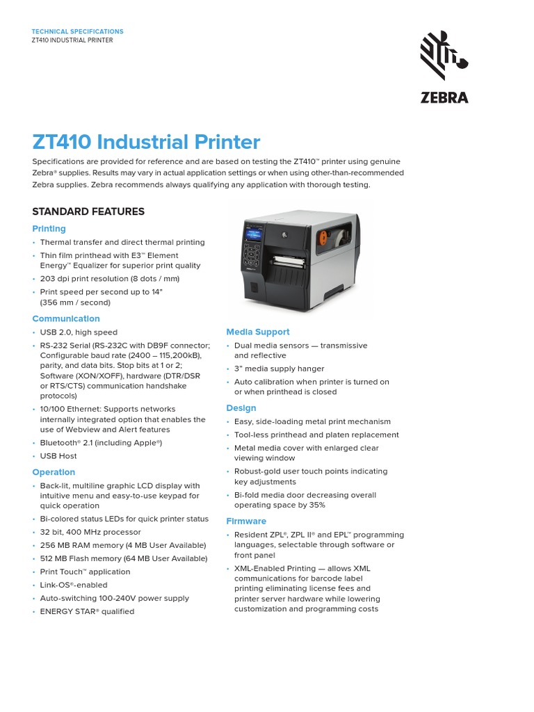zt410 Tech Specs A4 en GB PDF | PDF | Printer (Computing) | Media ...