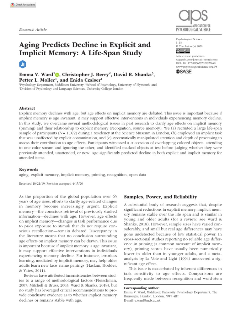 Aging Predicts Decline in Explicit and Implicit Memory: A Life-Span Study | PDF | Priming ...