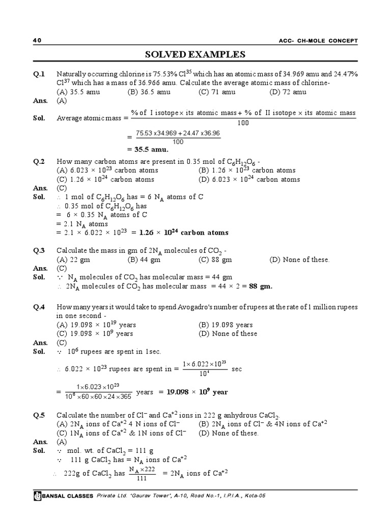 Solved Examples: Acc-Ch-Mole Concept | PDF | Mole (Unit) | Ammonia
