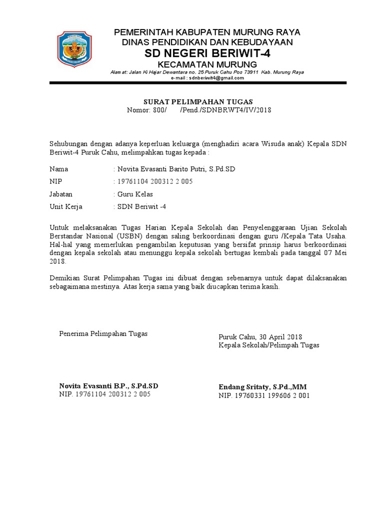 Surat Pelimpahan Tugas Kepala Sekolah | PDF
