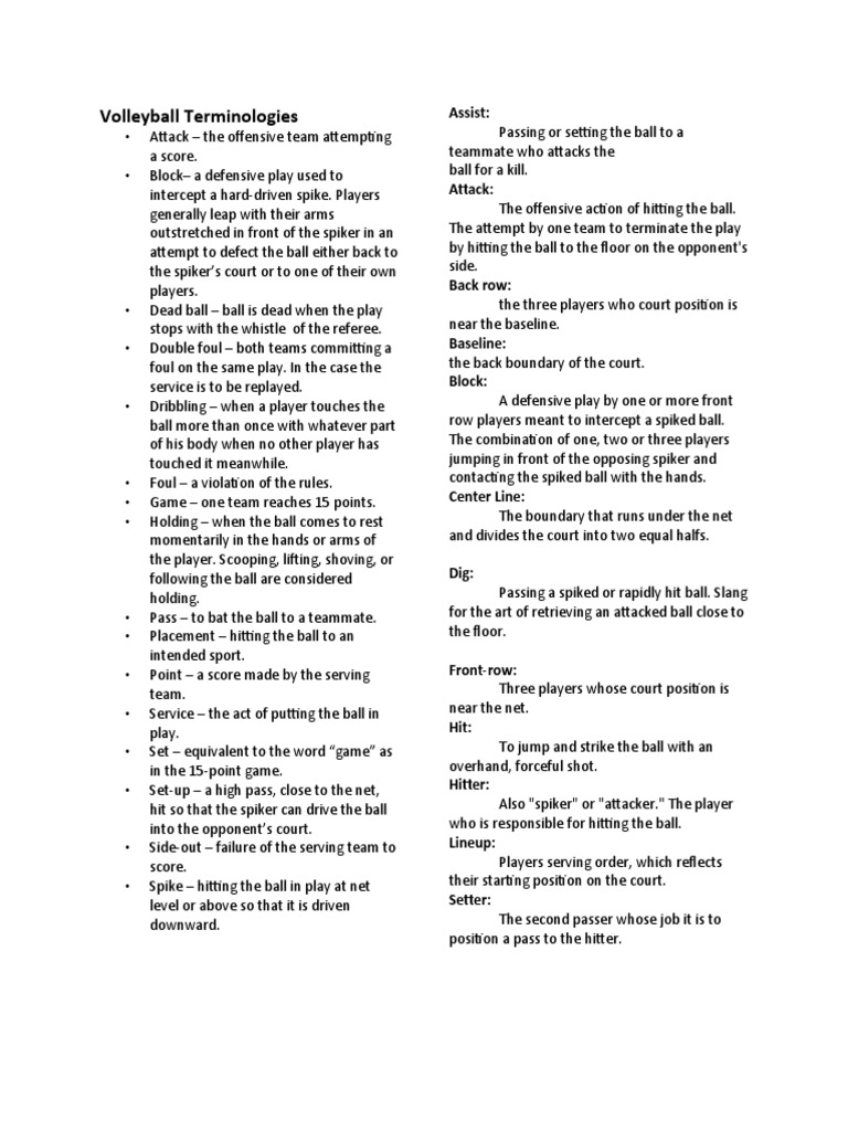 Essential Volleyball Terminologies Guide | PDF | Volleyball | Ball Games