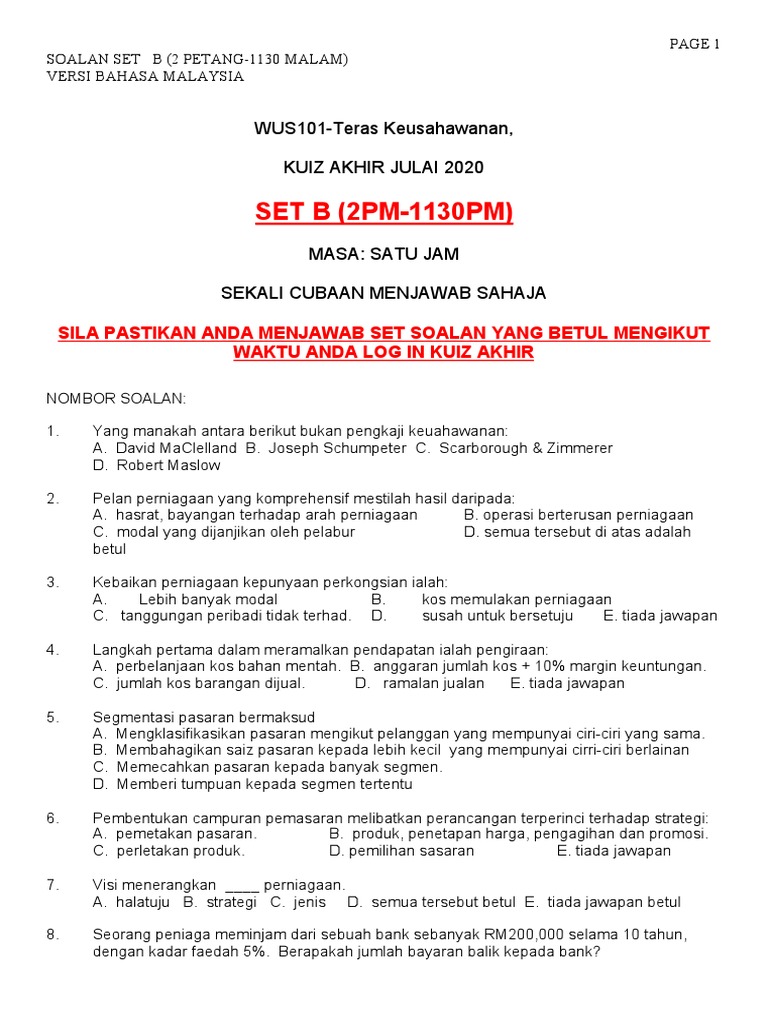 Kuiz Akhir - Soalan Set B-Julai 2020 - Versi Bahasa Melayu | PDF