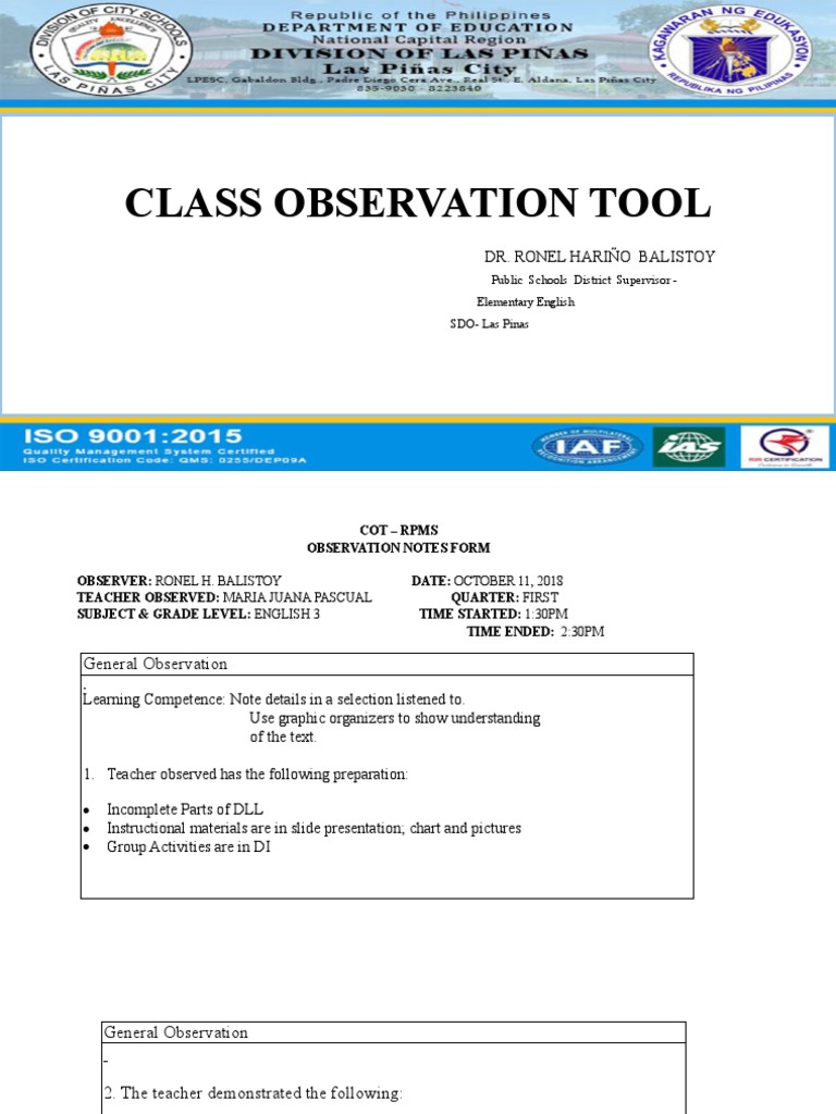 Sample COT - Observation - Guide - and - Tool - Ronel Balistoy | PDF ...