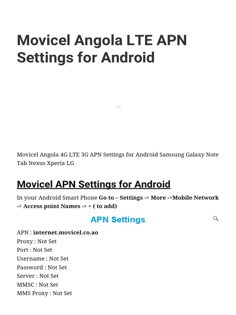 Movicel Angola LTE APN Settings For Android - APN Settings | PDF