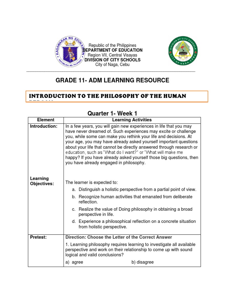 Grade 11-Adm Learning Resource: Introduction To The Philosophy of The ...
