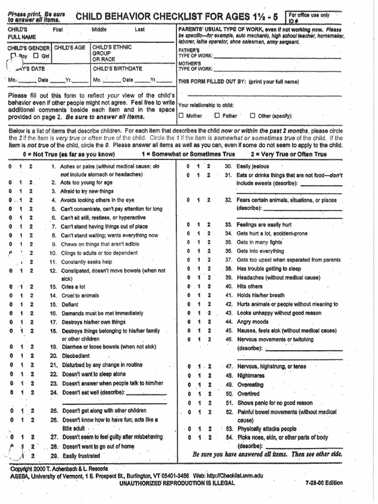 Child Behavior Checklist For Ages 1 5 5 | PDF