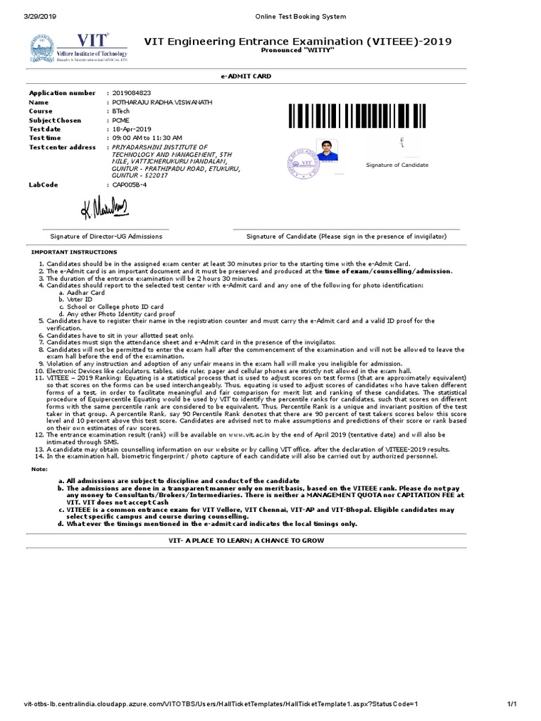 VIT Hallticket PDF | PDF | Computing And Information Technology | Business