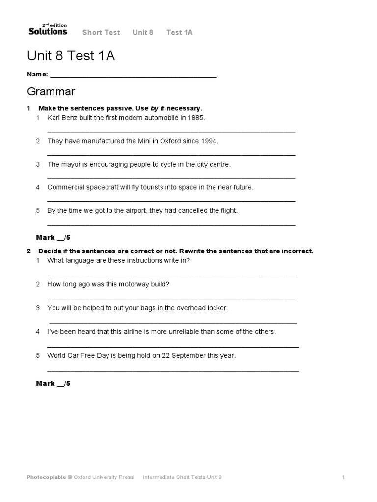 Unit 8 Test 1A: Grammar | PDF