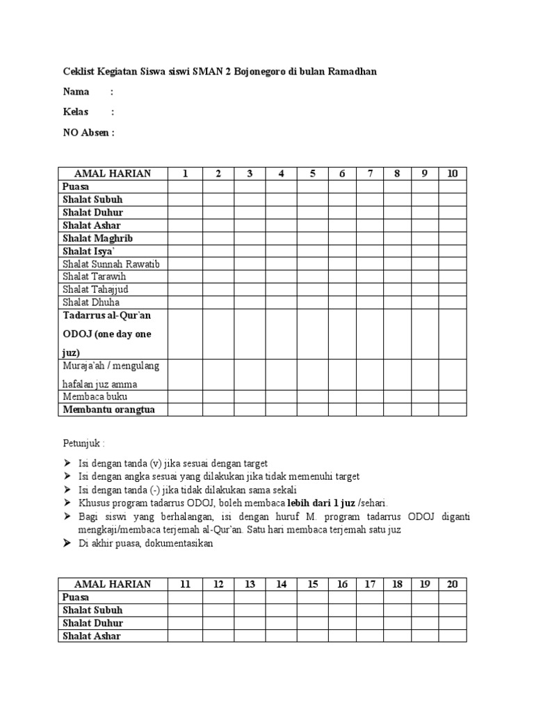 Checklist Ibadah Ramadhan | PDF