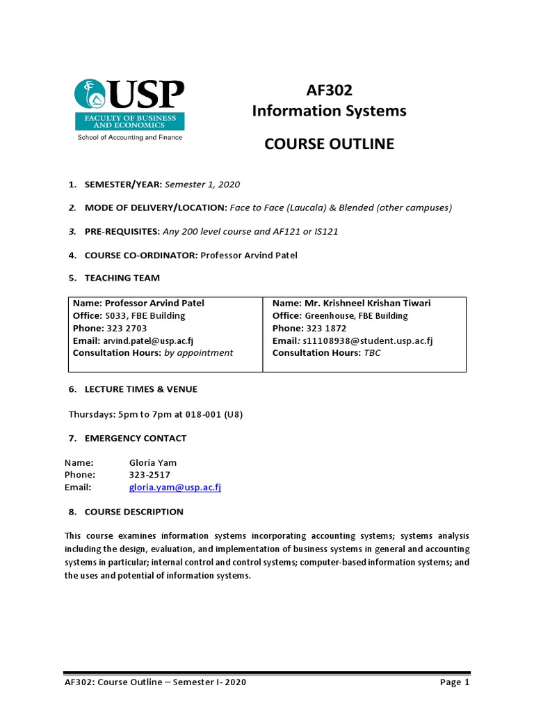 AF302 Course Outline For Semester 1, 2020 | PDF | Information System ...